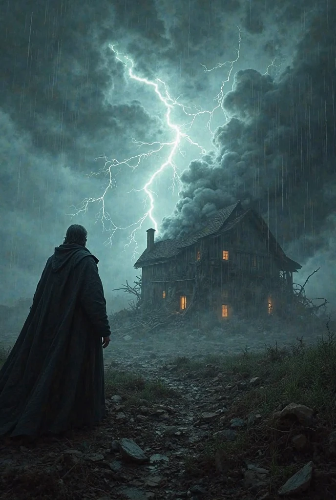 Realistic biblical scene: Satan watching in the distance as a storm ...
