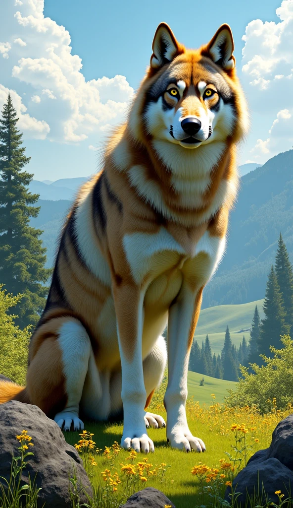 A big wolf standing in a green and yellow blooming landscape - SeaArt AI