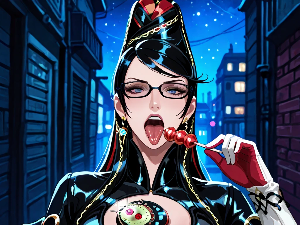 Majicmix_style,Bayonetta,Night Alley、Hold a red candy with a stick in ...