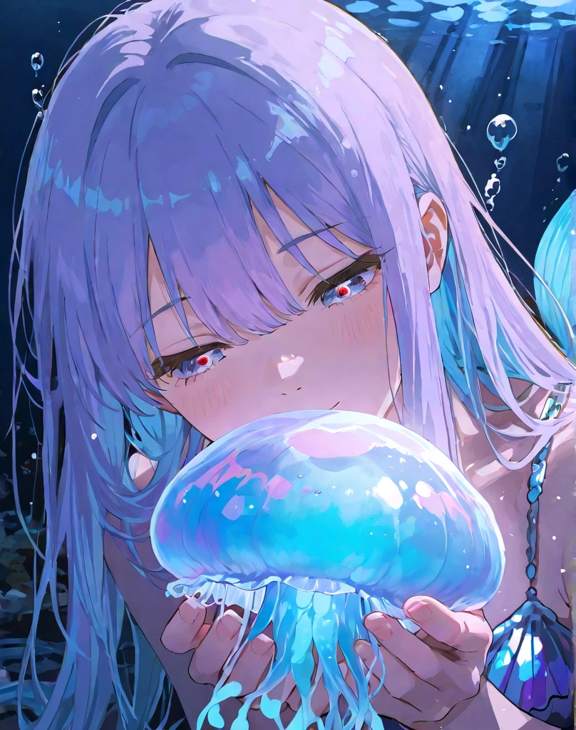 Full-body view from head to tail, underwater, a beautiful mermaid girl ...