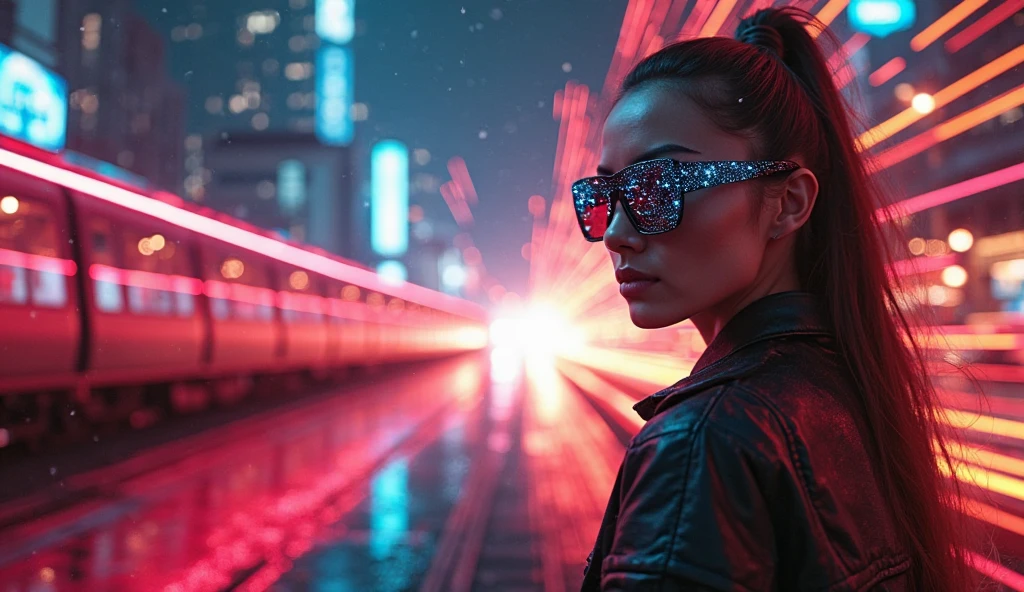 The model is wearing gl0–2 sec: Neon-lit cyberpunk street. Futuristic hypercar w - SeaArt AI
