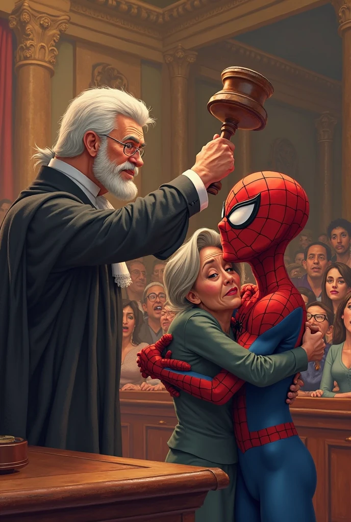 Cartoon judge slamming gavel in courtroom, masked Spider-Man hugging ...