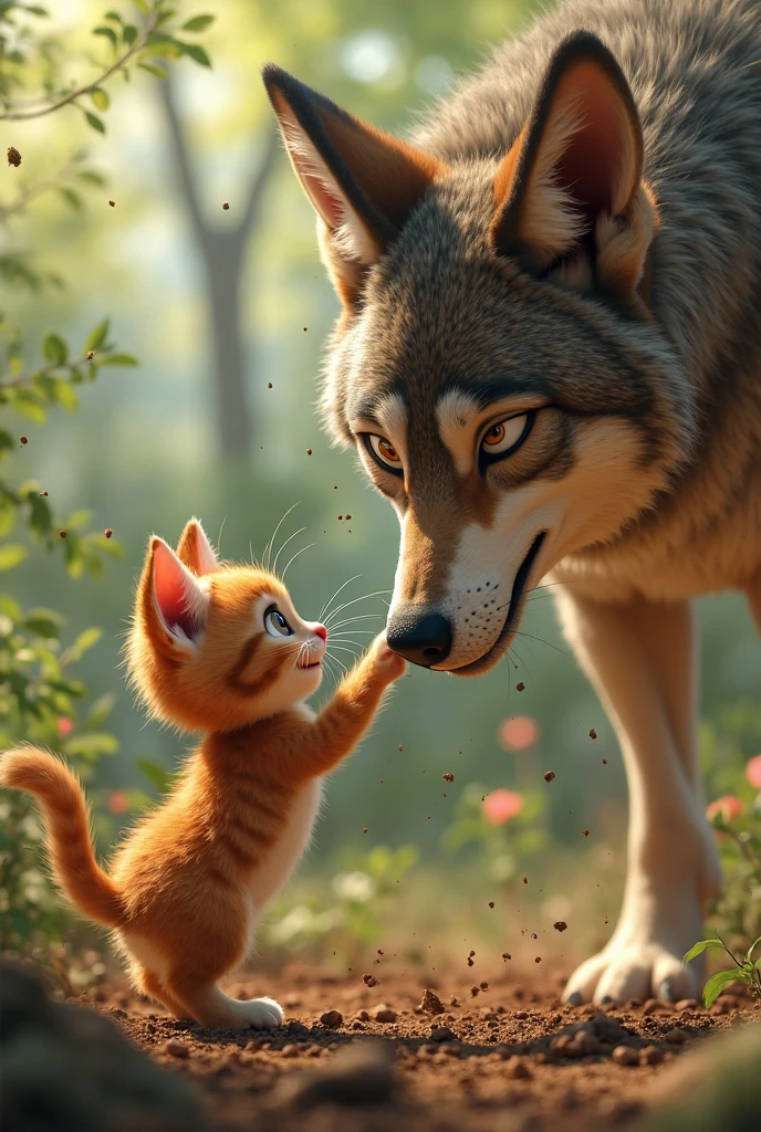 "Brown baby cat throwing dirt in the wolf’s eyes using her paw - SeaArt AI