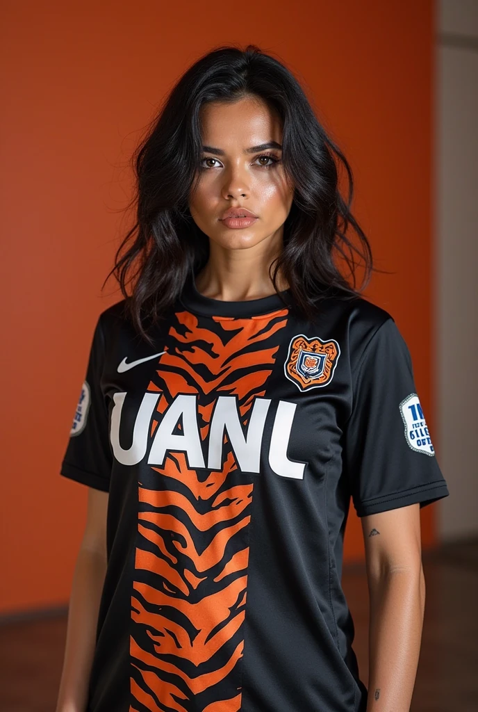 An image of the singer Cazzu wearing the UANL Tiger jersey - SeaArt AI