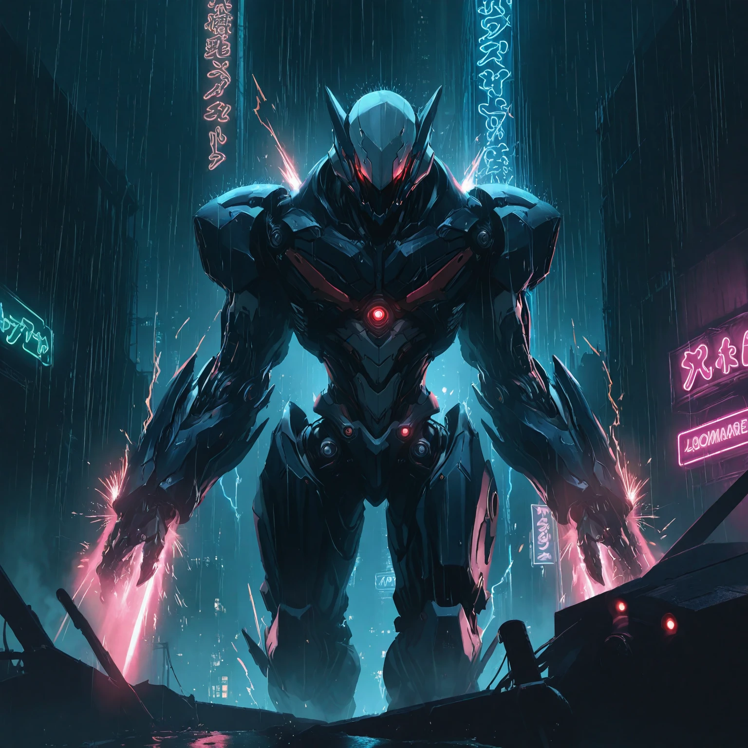 A sprawling cyberpunk city at night, neon lights glowing in the rain ...