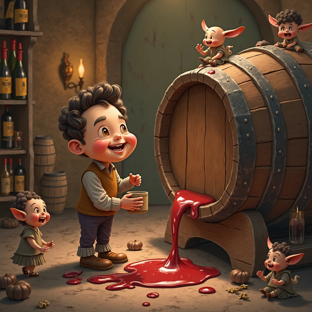 Inside the wine cellar、A little man is catching wine spilling from a ...
