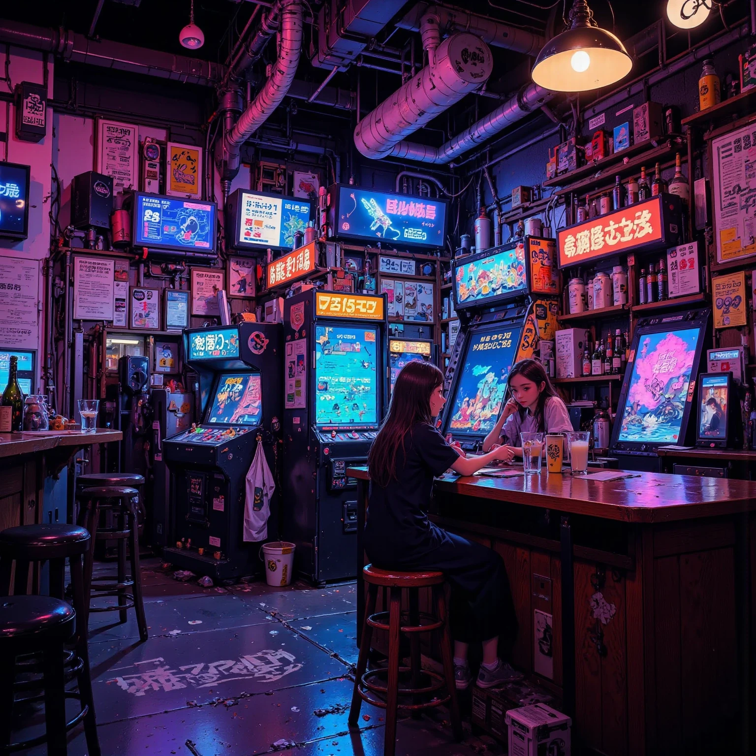 This image is a hideaway bar with a unique retro Japanese arcade theme ...