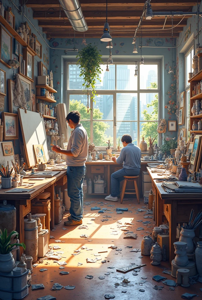 A studio full of artworks in progress and creative materials - SeaArt AI