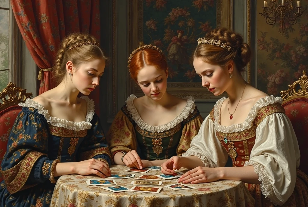 Renaissance aristocratic girls playing with tarot cards - SeaArt AI