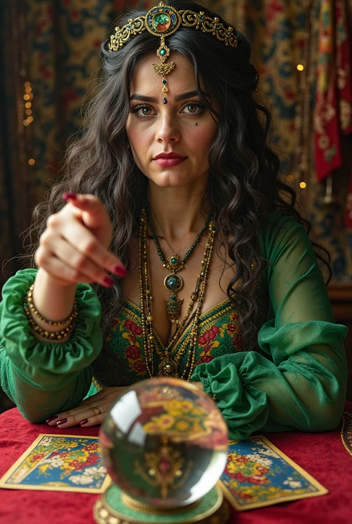 Gypsy Emerald wears green and red and yellow gypsy Vladimir, sitting at ...