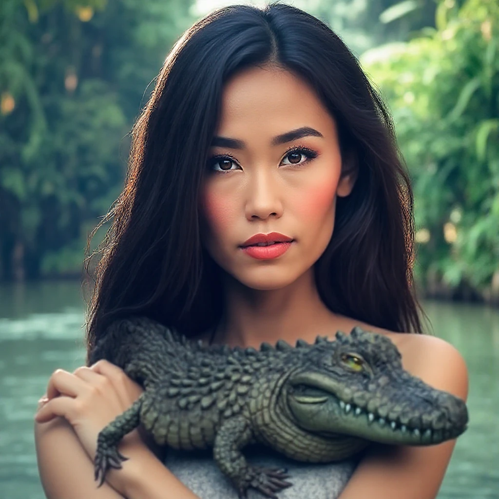 Woman hugs a crocodile - SeaArt AI