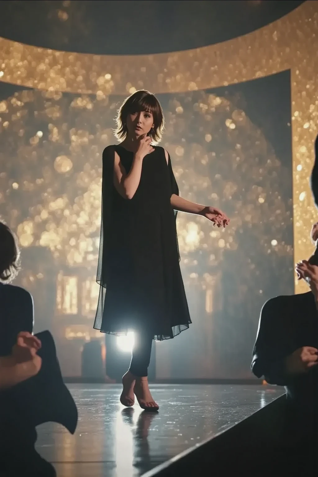 Extravagant speakeasy party, flapper dancers on stage, gold and black ...