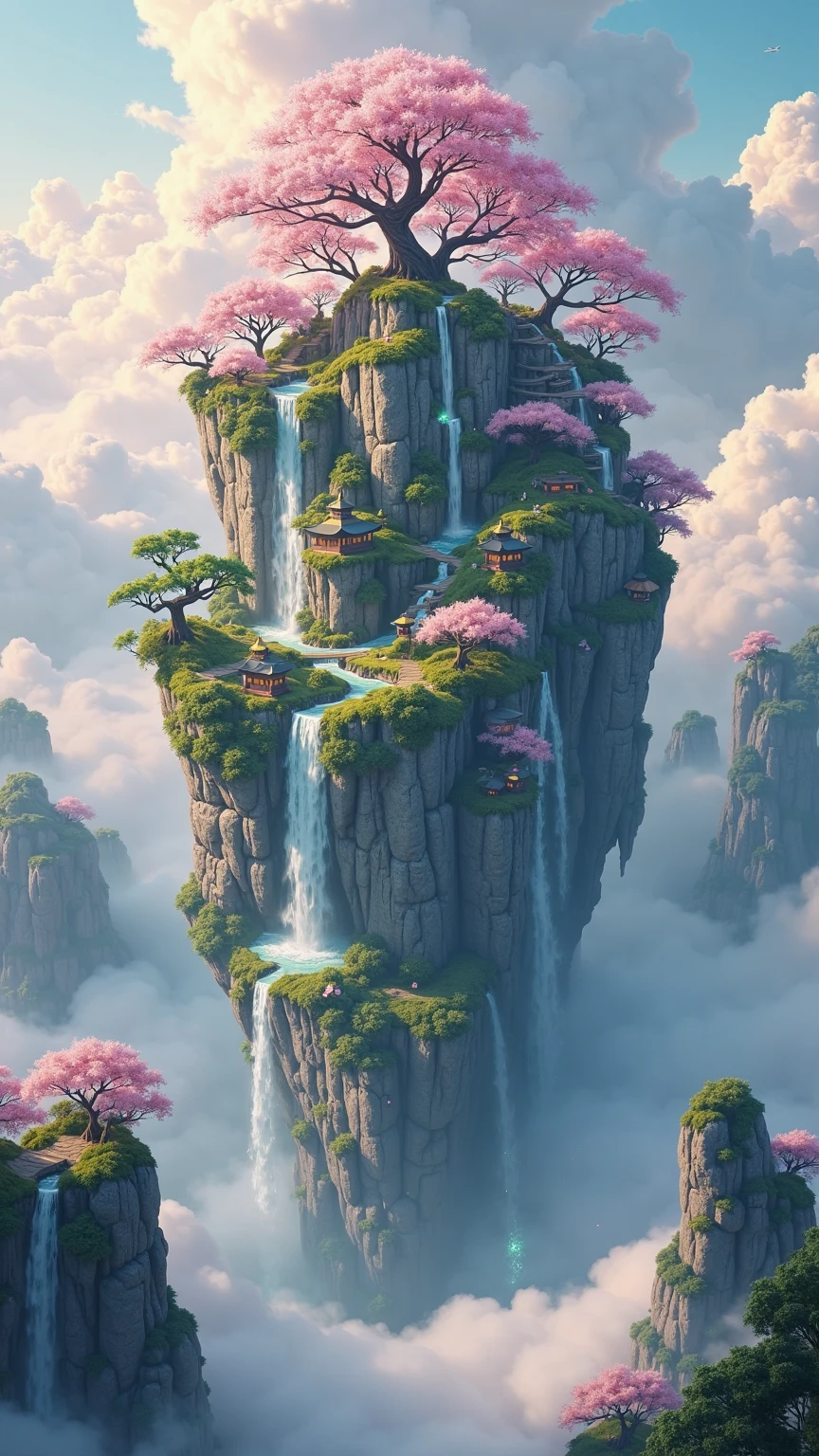 Towering multi-tiered floating mountain island rising above a sea of ...
