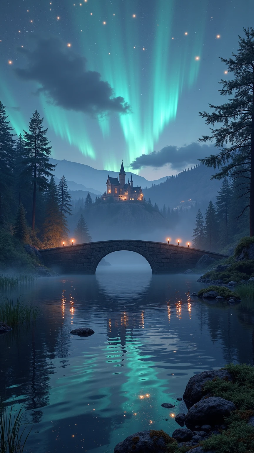 Expansive twilight landscape with serene lake reflecting luminous ...