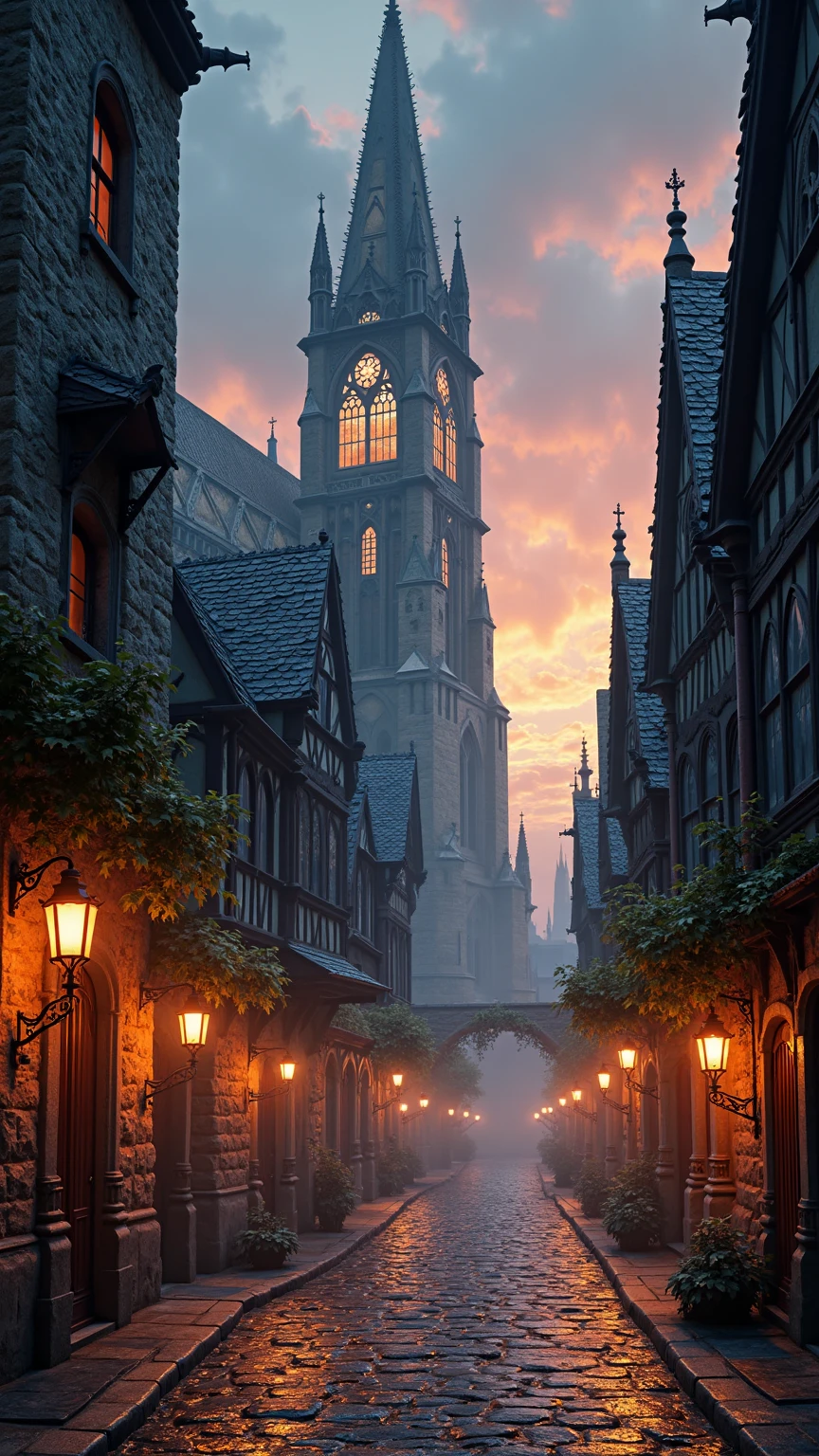 Majestic medieval gothic cathedral rising above a bustling cobblestone ...