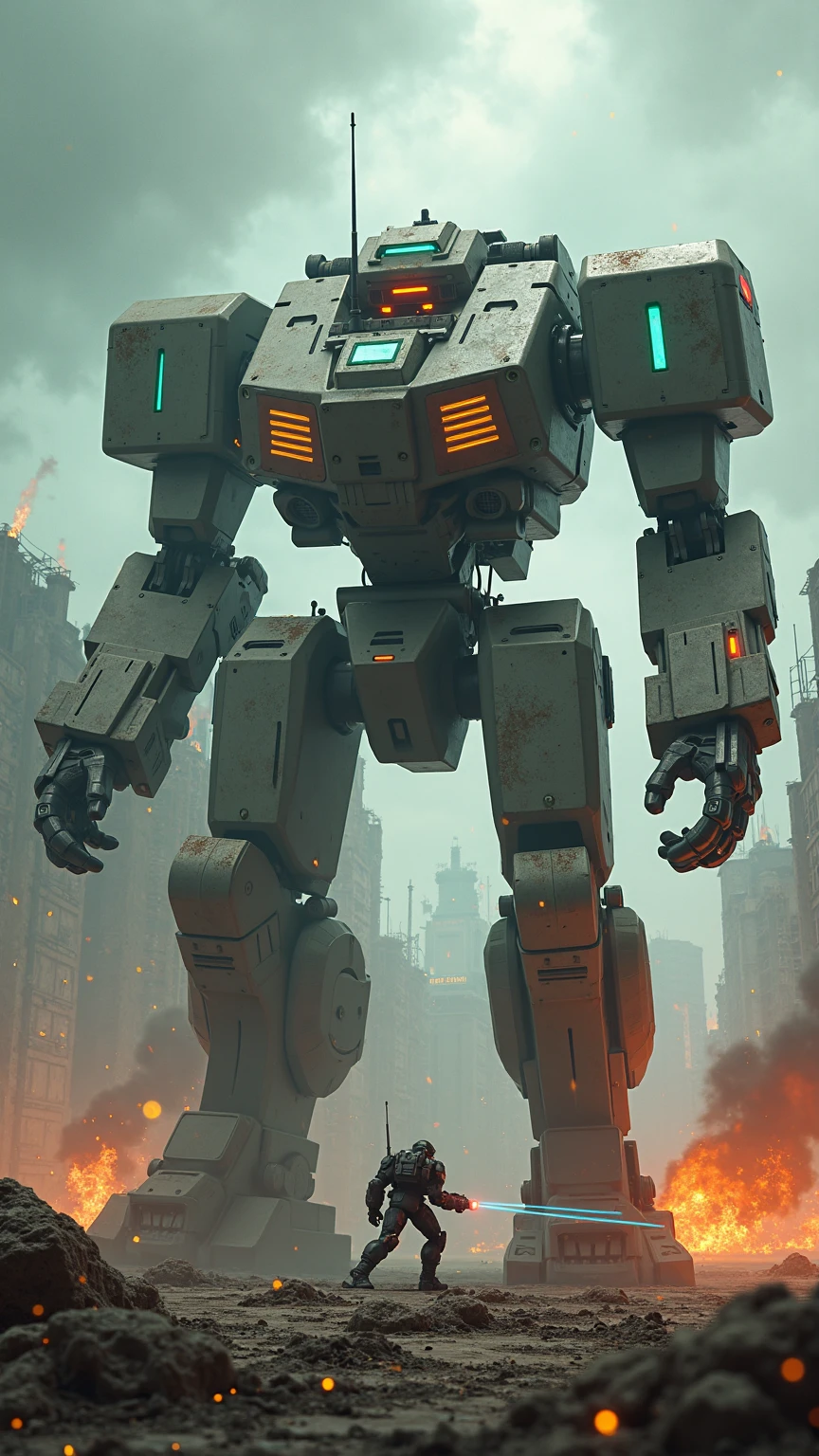 Gargantuan armored combat mechs tower over a desolate urban battlefield ...