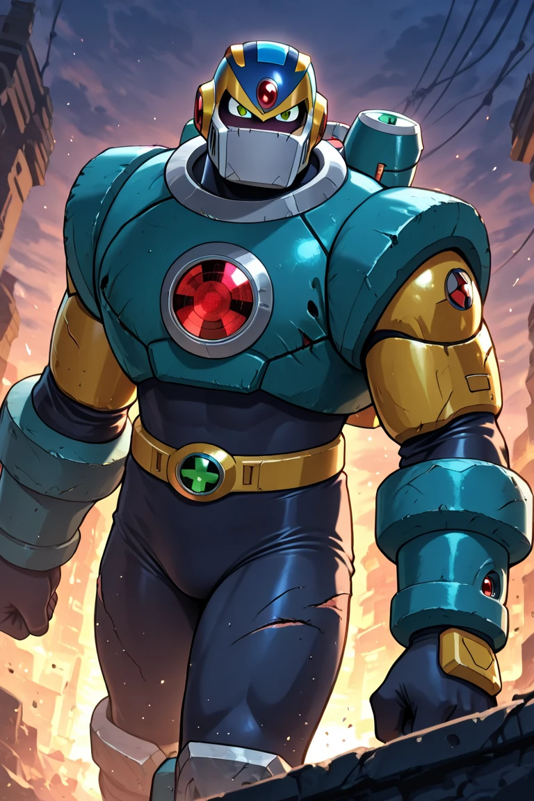 Guts Man from Megaman EXE corrupted into a virus navi. - SeaArt AI