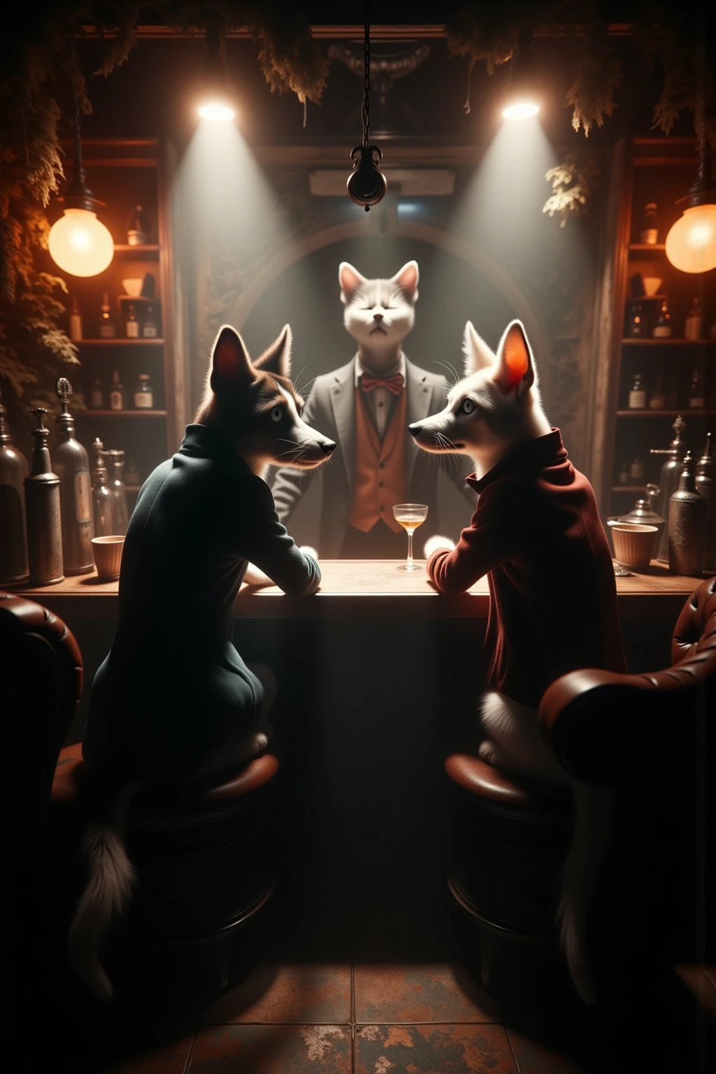 Steampunk,Backlit,Over the Shoulder,A scene where dogs and cats that ...