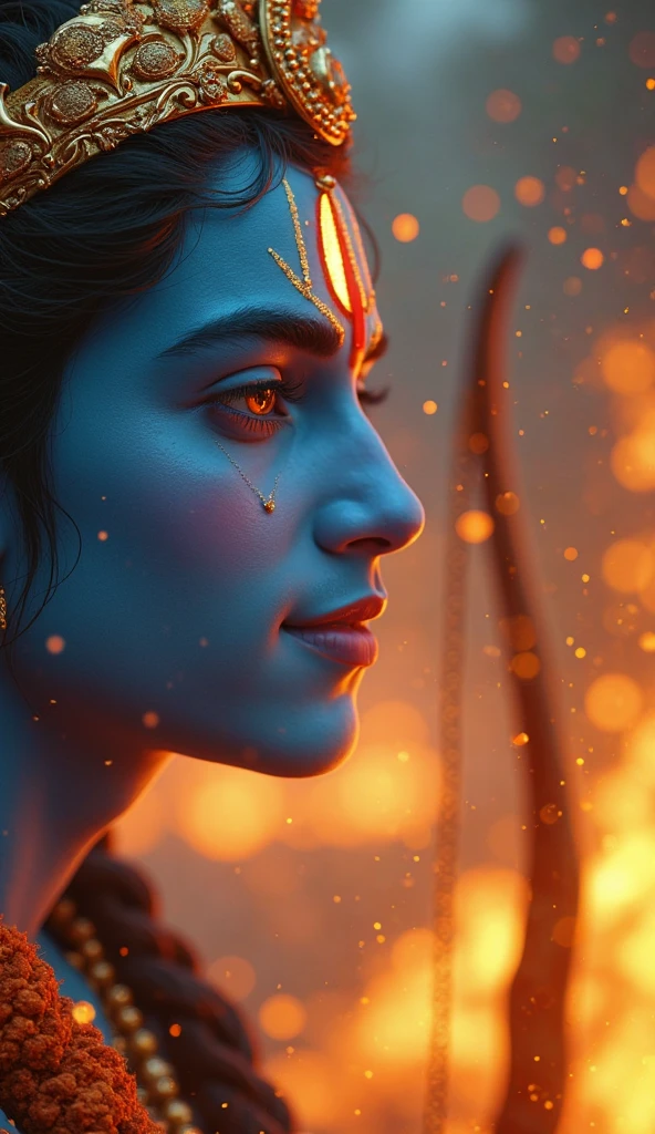 Close-up shot of Krishna (blue skin glowing softly, peacock feather ...