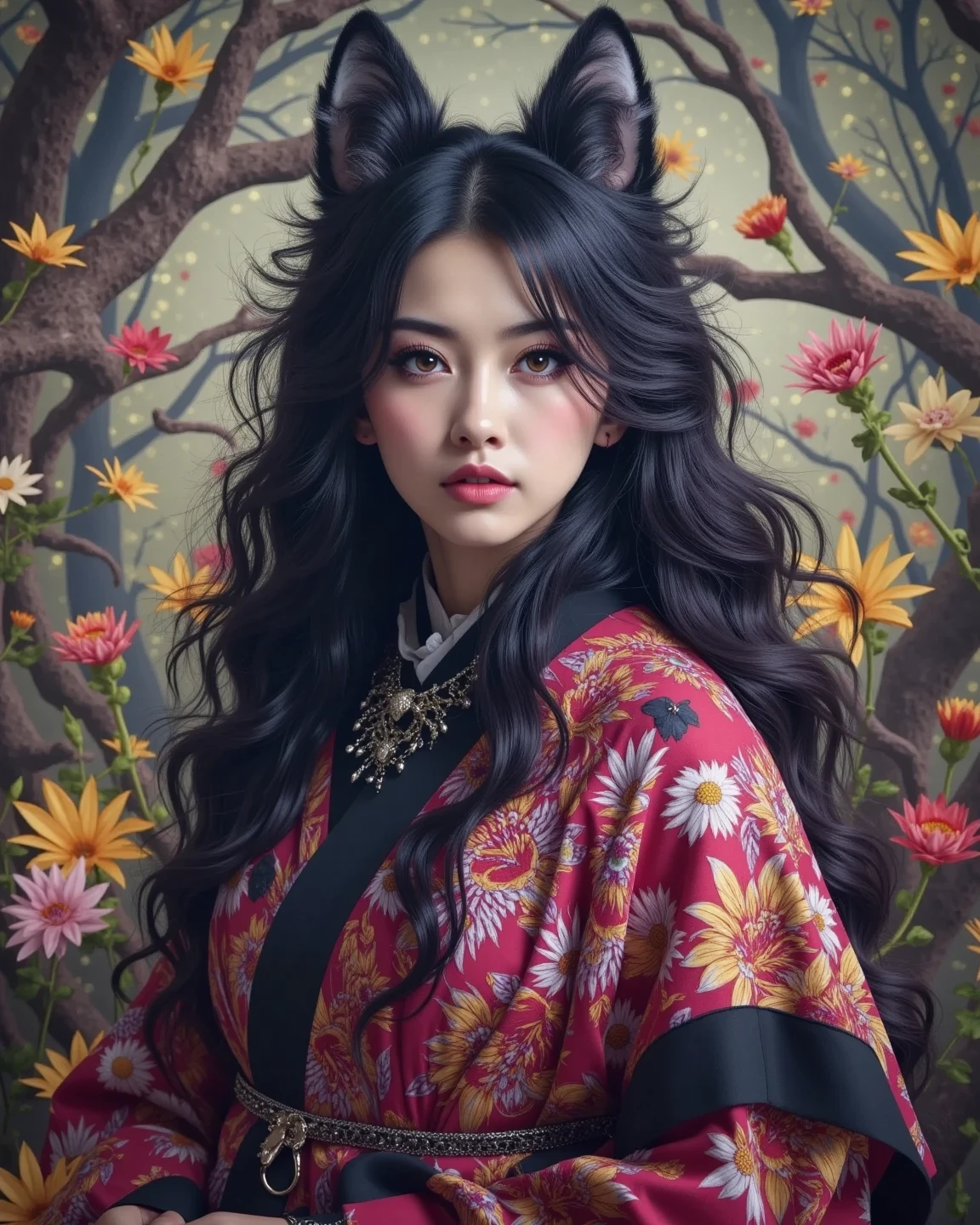 Mysterious Wolf Dog with Intricate Patterns、 Glowing Amber Eyes - SeaArt AI