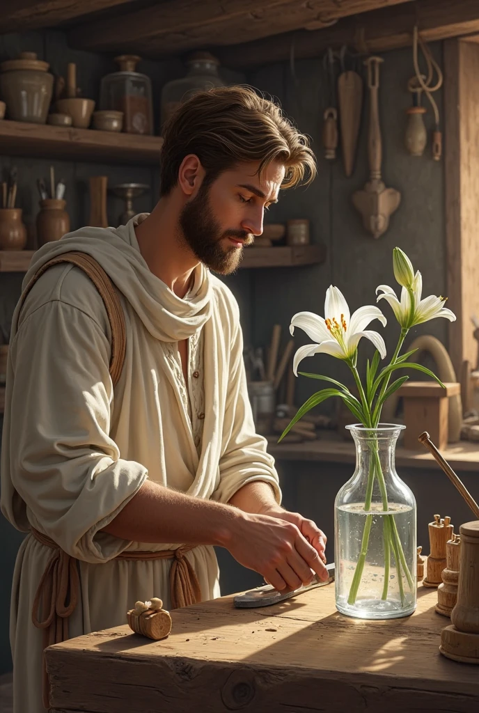 Realistic image of young handsome st joseph working as a carpenter in ...