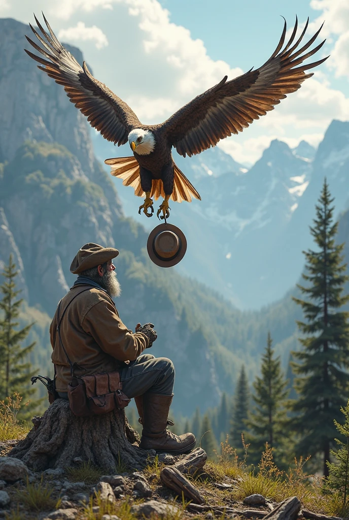 An eagle flew away with the hat of a woodcutter sitting on a mountain ...
