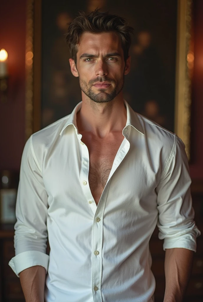 A handsome man in his mid-30s with sharp masculine features, strong ...