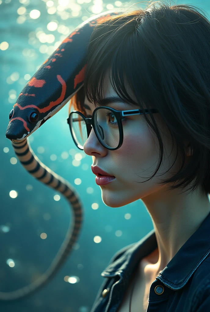 A striped eel and a woman with short brown hair and glasses - SeaArt AI