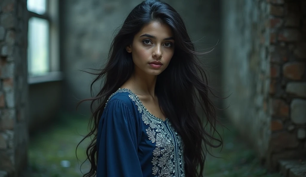 Create an image of a young Pakistani woman with long, flowing dark hair ...
