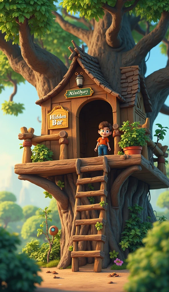 A hidden bar. A 3D animation style tree house with a "HIDDEN BAR ...