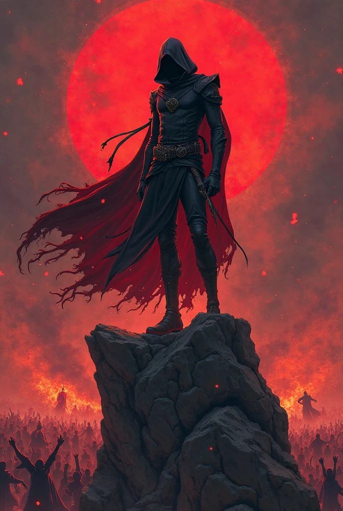 A anime assassin character with black and red clothes and standing on a ...