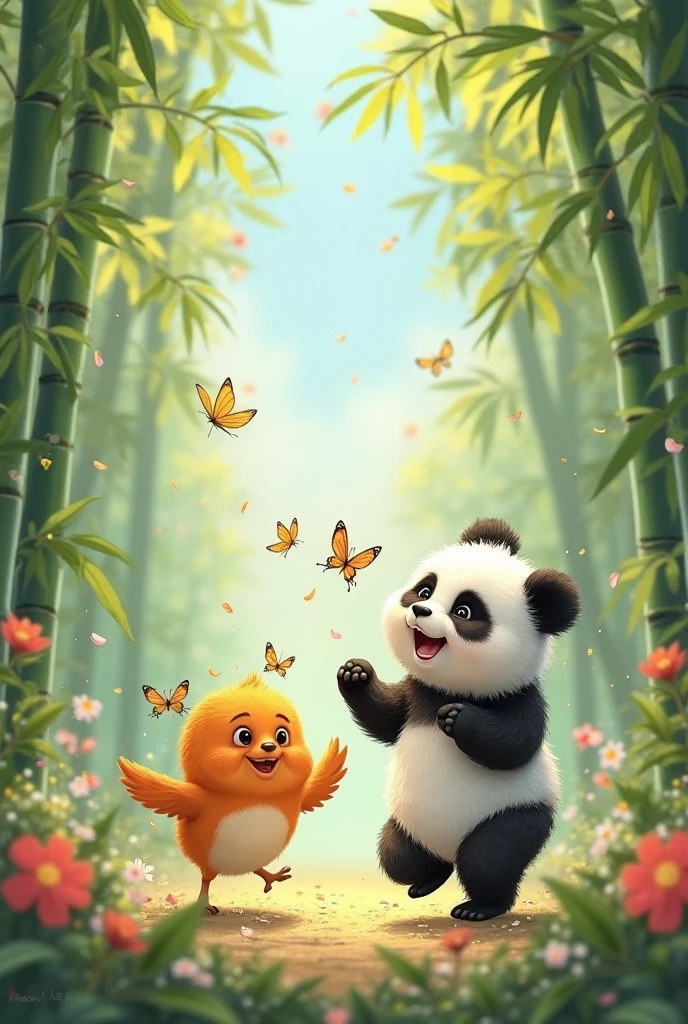 A happy panda and a small bird playing together in a bamboo forest ...