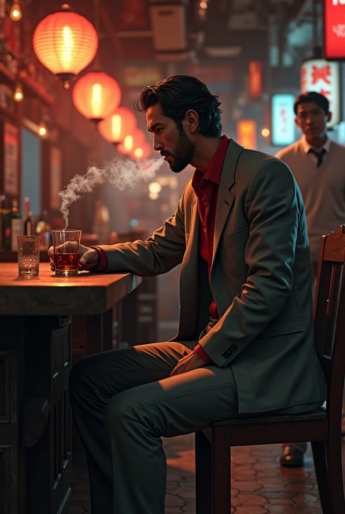 " [1male Japanese Kazuma Kiryu wearing grey suit and red shirt - SeaArt AI