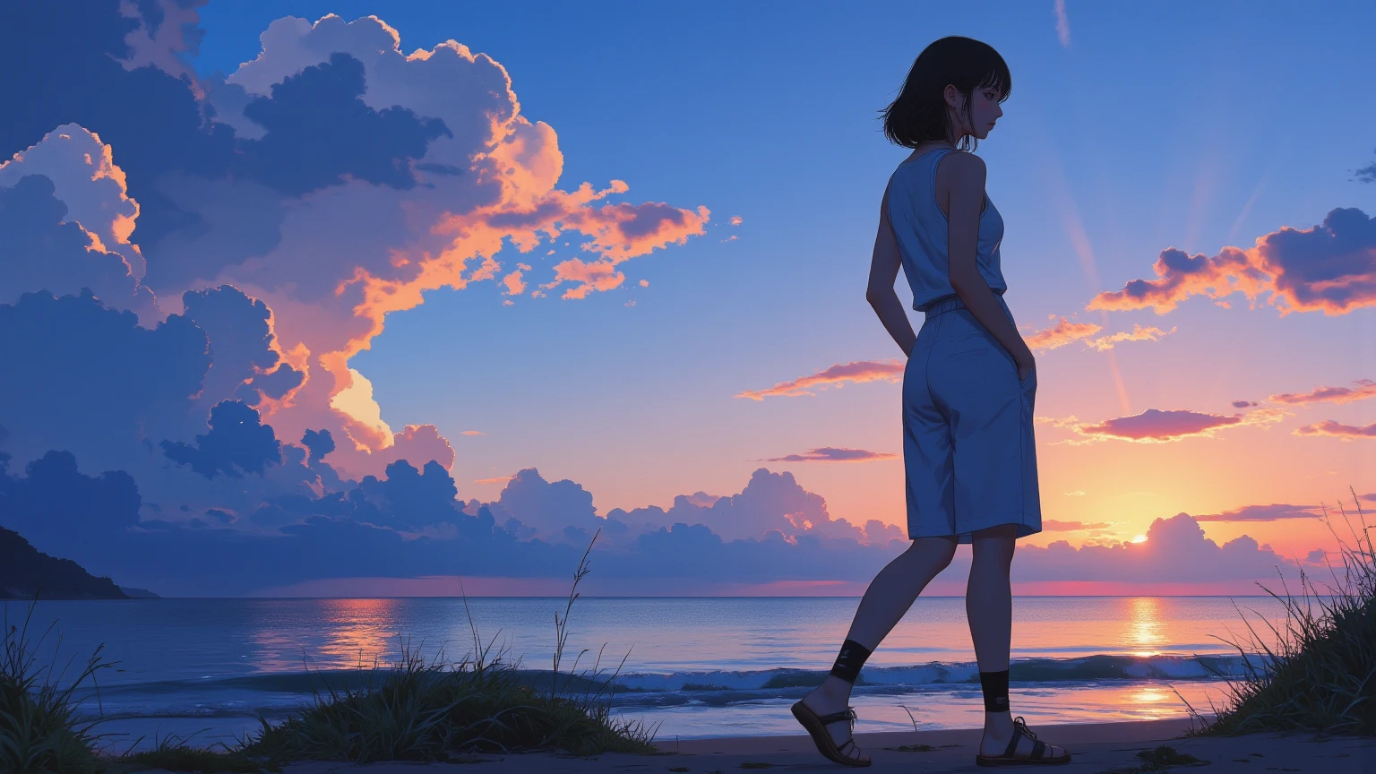 Japanese seaside embankment,,Evening Scenery, young woman, profile ...