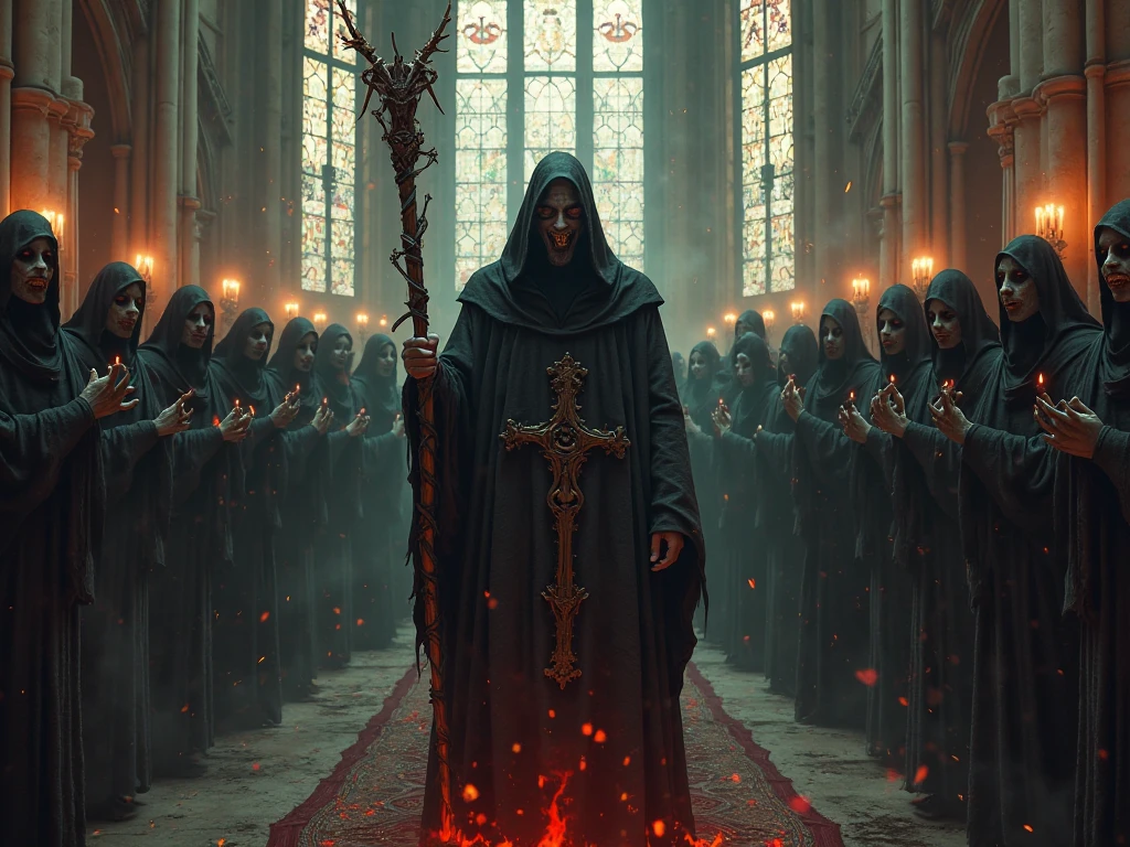 An evil-looking priest and evil-looking people in a church - SeaArt AI