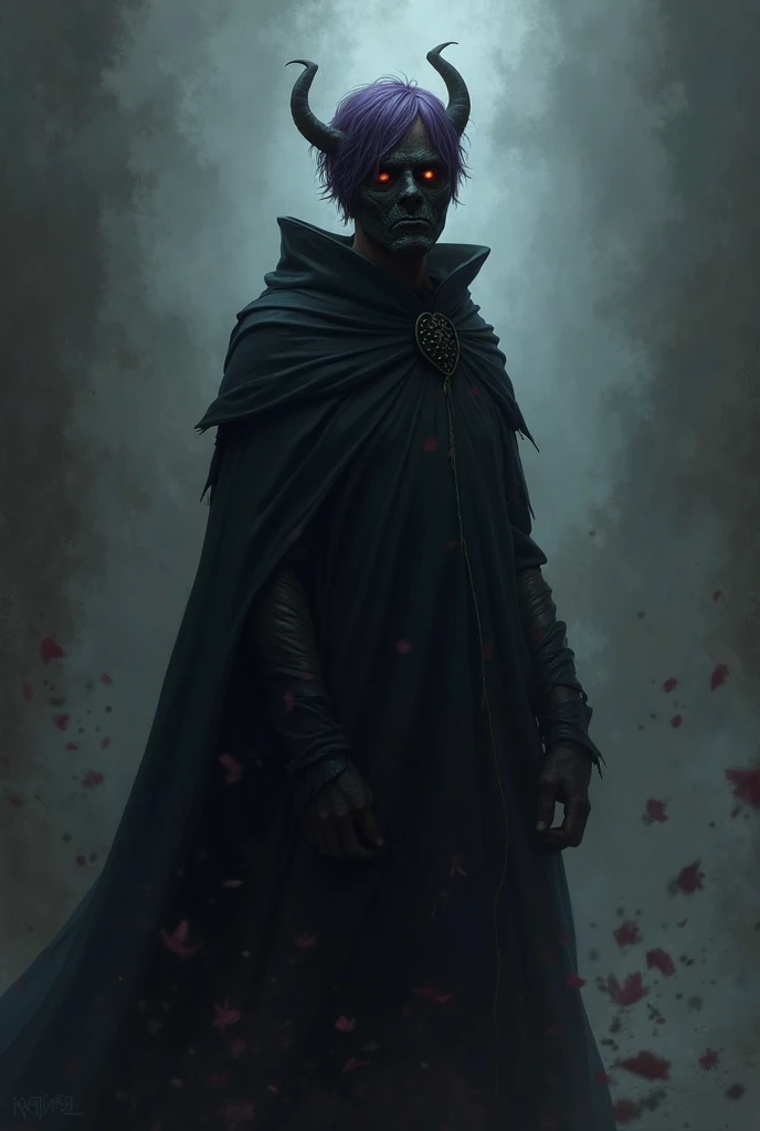 A man in his 20s in a black cloak wears a demon mask without a mouth ...