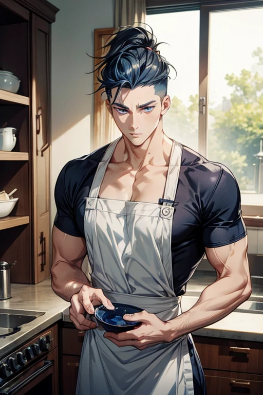 Create potrait an anime-style of a handsome man he has dark blue hair ...