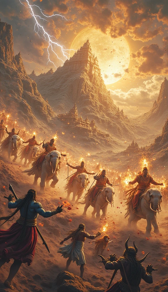 Epic battle scene between Devas (celestial gods) and Asuras - SeaArt AI