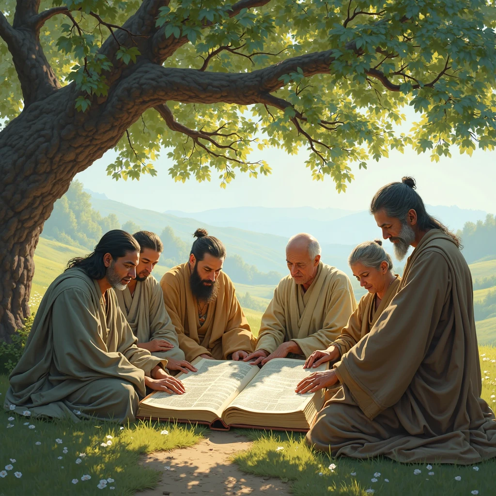 Group of ren reading under a tree or an open book icon in realisticd ...