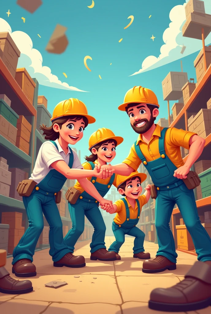 [Scene – Cartoon workers smiling, working together, helping one another - SeaArt AI
