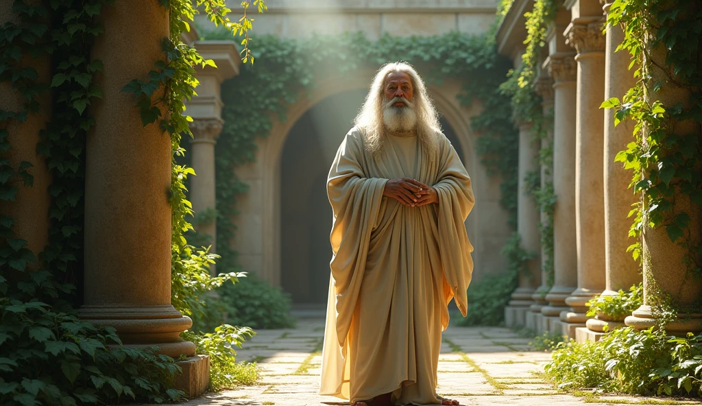 Create a realistic illustration of an elderly Roman philosopher ...