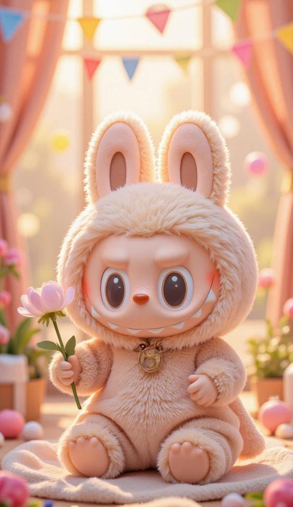 A romantic close-up of a cute Labubu figurine holding a flower - SeaArt AI