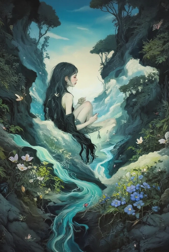 Masterpiece, high-quality, A mystical woman sits cross-legged in a ...