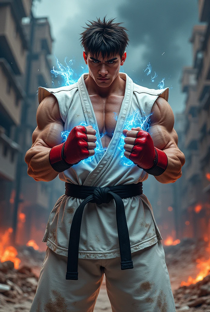 Ryu (Street Fighter) in a frontal close-up, staring intensely at the ...