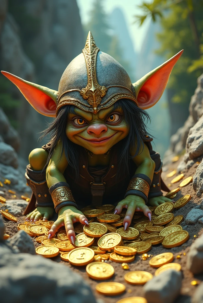 I want a picture of a goblin wearing a helmet and long hair holding a ...