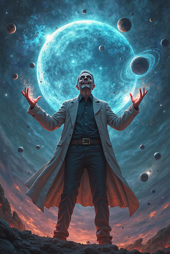 Cosmic background. Mad scientist with vicious smile. eyes glowing azure ...