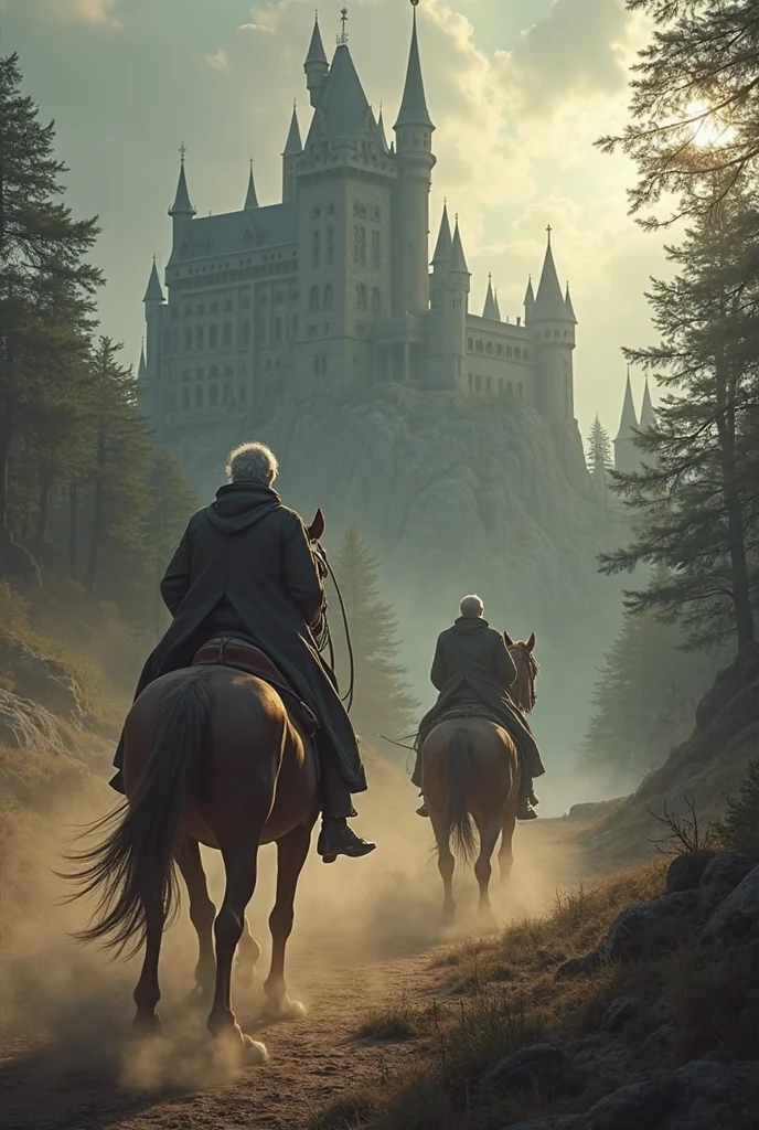 Belle's dad arriving on horses at the Castle of the Beast - SeaArt AI