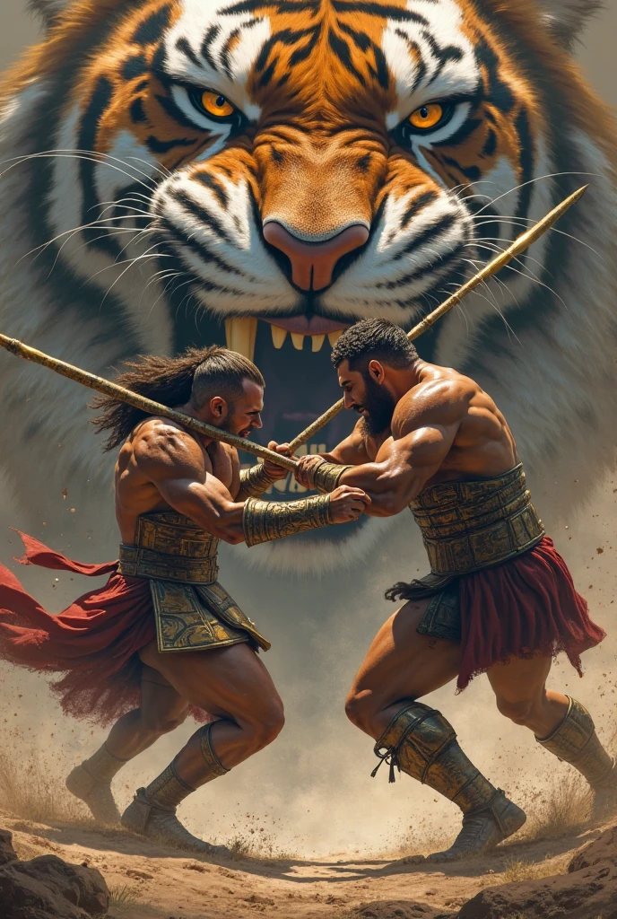 Two Spartan warriors in the middle of a fight in the background of a ...