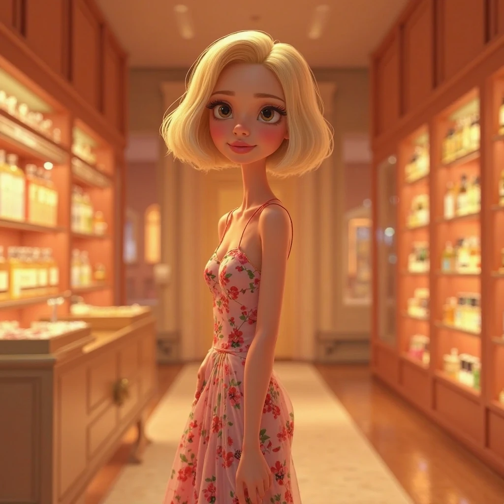 Stylized 3D cartoon of a tall, slender woman with short blonde bobbed ...