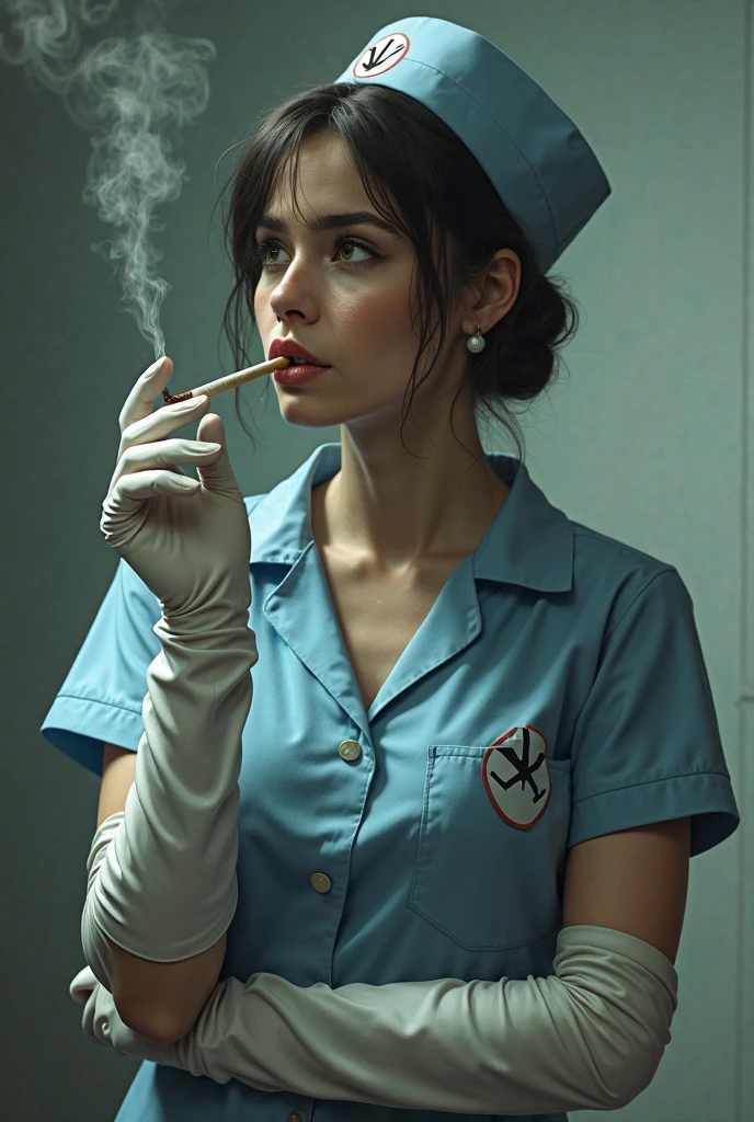 Nurse wearing long rubber gloves has a cigarette dangling from her lips ...